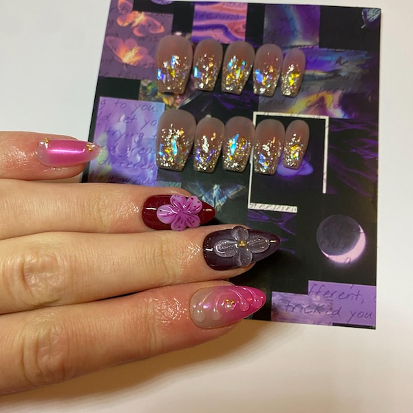 3D Sun Star Gothic Press on Nails Short Almond Nails/green Nails/gothic ...