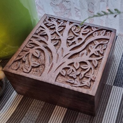 Small Tree of Life Wood Jewellery Box, 5 Inches Square Trinket Box Fair ...