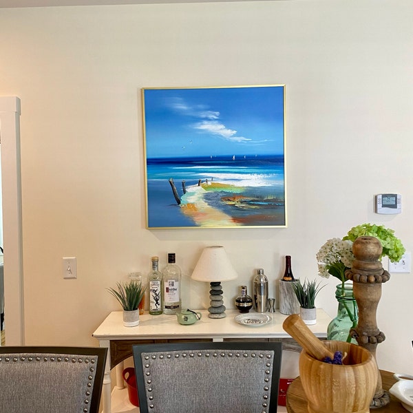 Original Blue Acrylic Abstract Painting on Canvas Wall Art Framed for ...