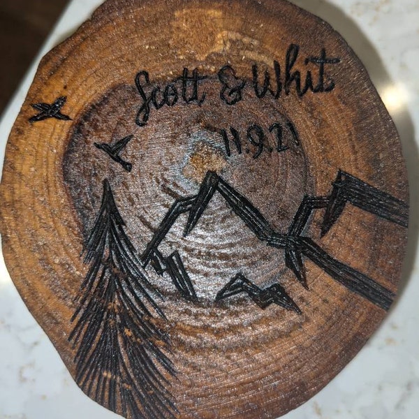 Personalized Wooden Wedding Ring Box - Mountain Pine Tree Birds Rustic ...