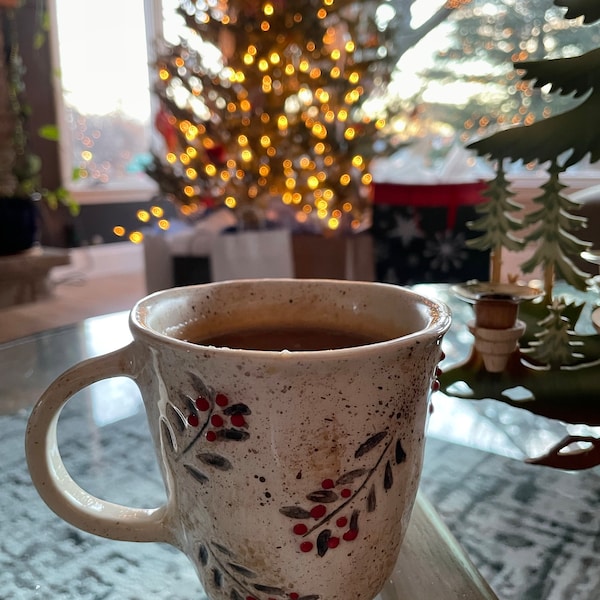 Vintage Christmas Pottery Mug, Handmade Ceramic Coffee Mug, Unique ...