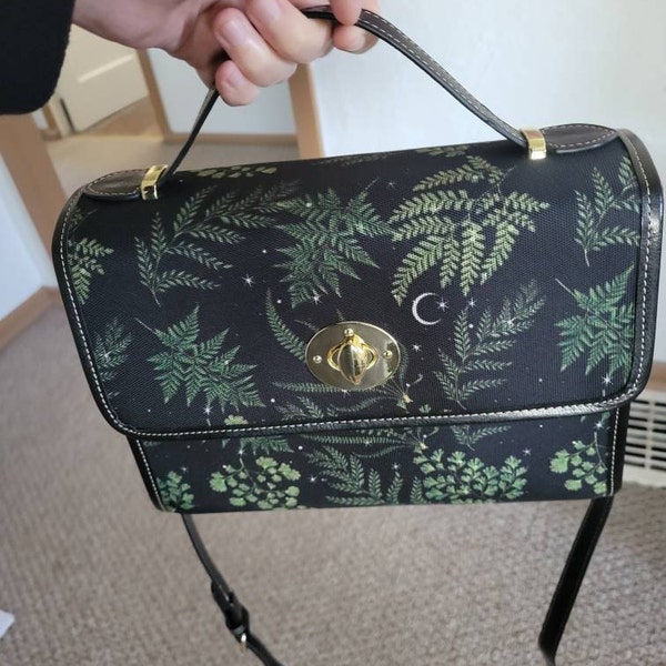 Boho Fern Forest Black Canvas Satchel Bag, Green Crossbody Moon Purse ...
