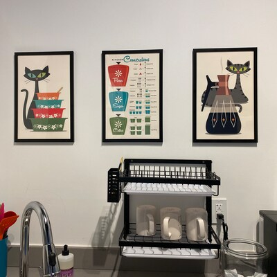 Mid Century Modern Kitchen Wall Art, Black Cat Print, Colorful Glass ...