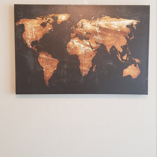 Bronze Black World Map Wall Art Canvas Print Wall Decor. Bronze ...