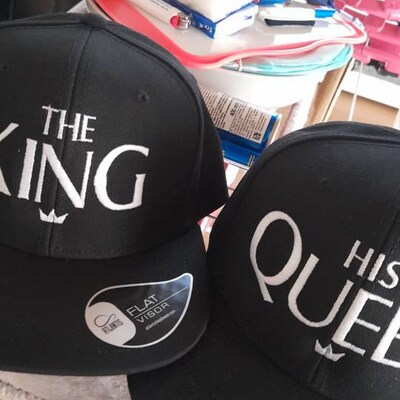 KING and QUEEN With Golden Crowns Embroidered Snapback Flat Peak Full ...