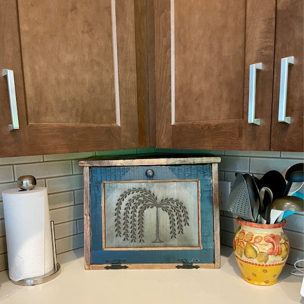 Rustic Wood Bread Box Large Kitchen Counter Storage Punched Star Tin ...