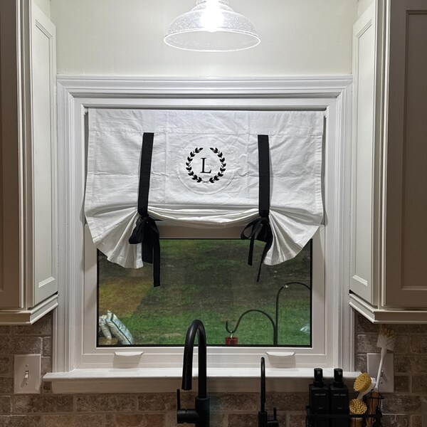 Modern Farmhouse Window Pull up Curtains Black Ties Lined Valance ...
