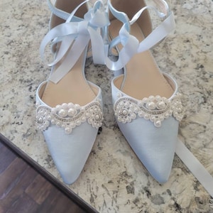 Light Blue Satin Pointy Toe Flats With SMALL PEARLS APPLIQUE and Satin ...
