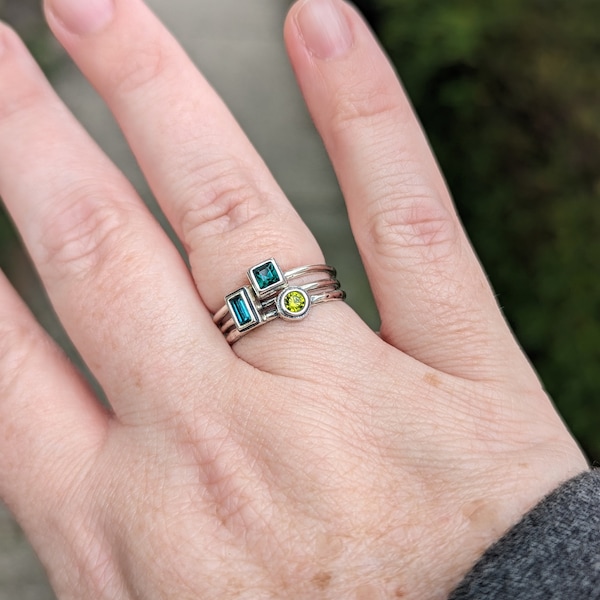 Set of 3 Stacking Family Birthstone Rings • Sterling Silver Gemstone ...
