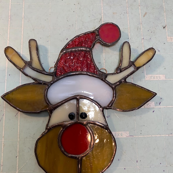 Red Nose Reindeer Stained Glass Pattern With Santa Hat, Beginner ...