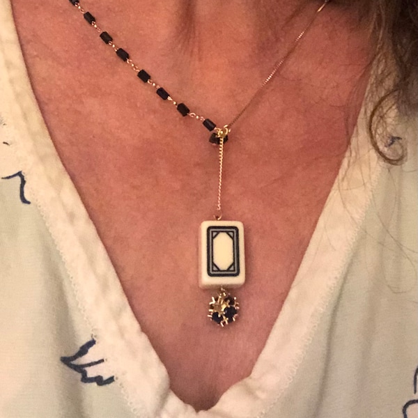 Bamboo and Bone Dot Mahjong Tiles With Agate and Chinese Metal Bead ...