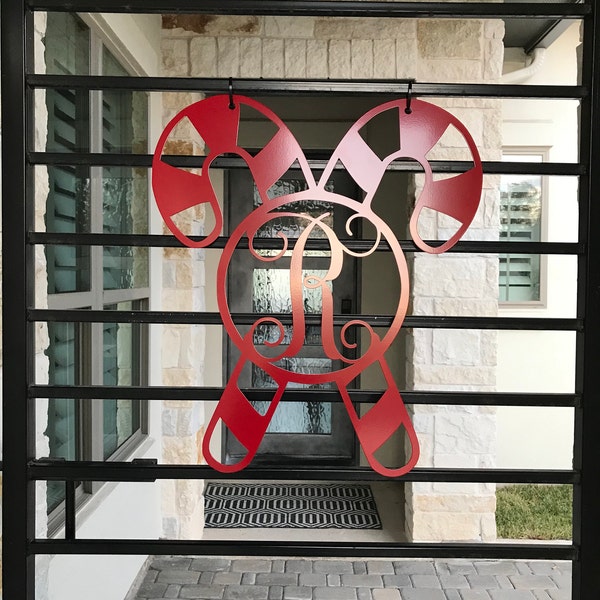 Monogram Candy Cane Metal Sign, Christmas Door Hanger, Christmas Decor ...