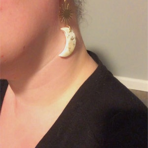 La Luna Cresent Moon Clay Earrings, Faux White Marble and Gold Leaf ...
