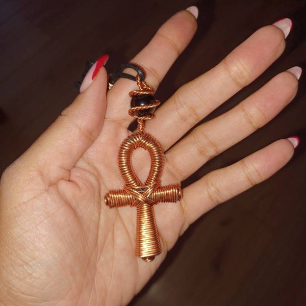 Copper Coiled Ankh, Obsidian Bead Pendant - Etsy