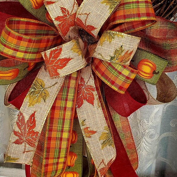 Large Fall Bow for Front Porch or Mailbox Fall Decor Mixed Ribbon Bow ...
