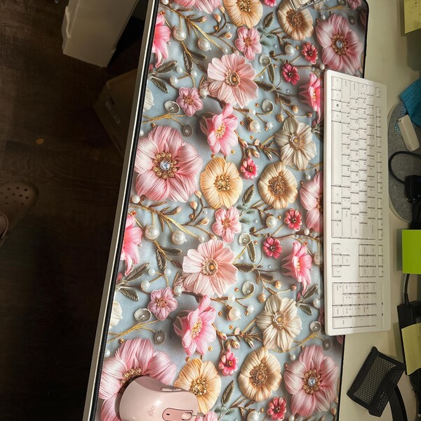Scandinavian Floral Faux Embroidered Desk Mat Floral Desk Pad Desk Pad ...