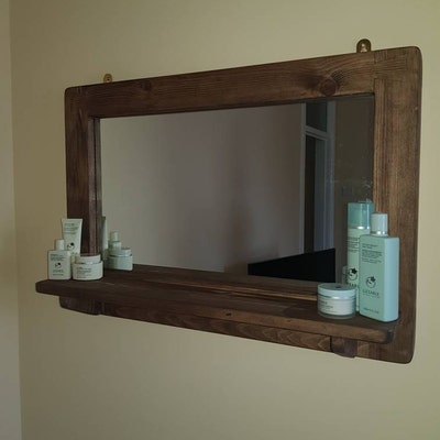 Large Mirror With Shelf in Natural Rustic Wood for Bathroom, Hallway ...