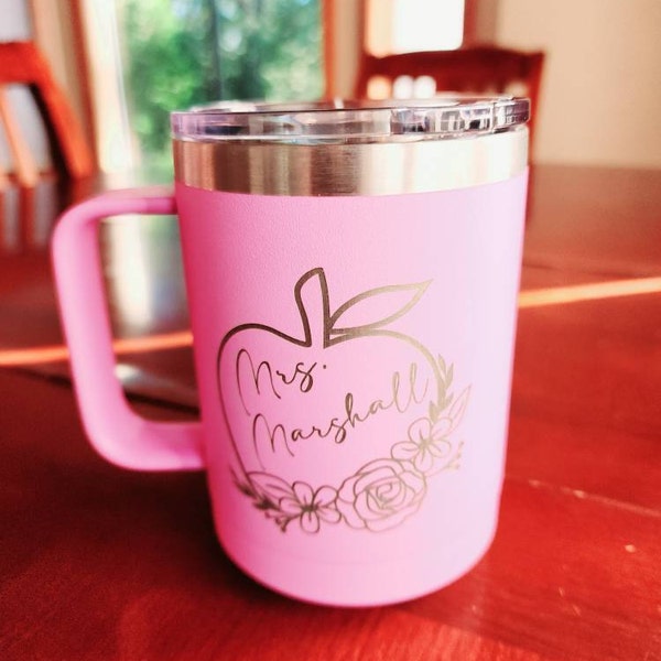 Personalized Teacher Coffee Mug, Travel Mug, Floral Apple With Teacher ...