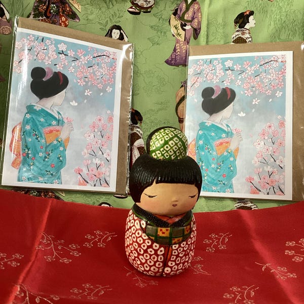 Japanese Style Greetings Card Maiko Turquoise Kimono and Blossoms - Etsy
