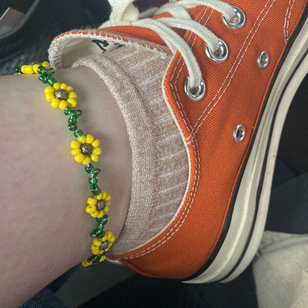 Sunflower Seed Bead Anklet Yellow Green Glass Womens Boho Anklet Floral ...