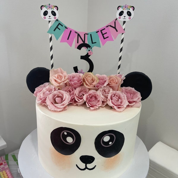 Panda Birthday Cake Topper Set Floral Panda Party Theme Party Like a Panda Decor Pink Panda ...