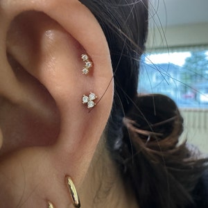 14k Solid Gold Three Stone Cartilage Piercing Dainty Stud Earring Helix ...