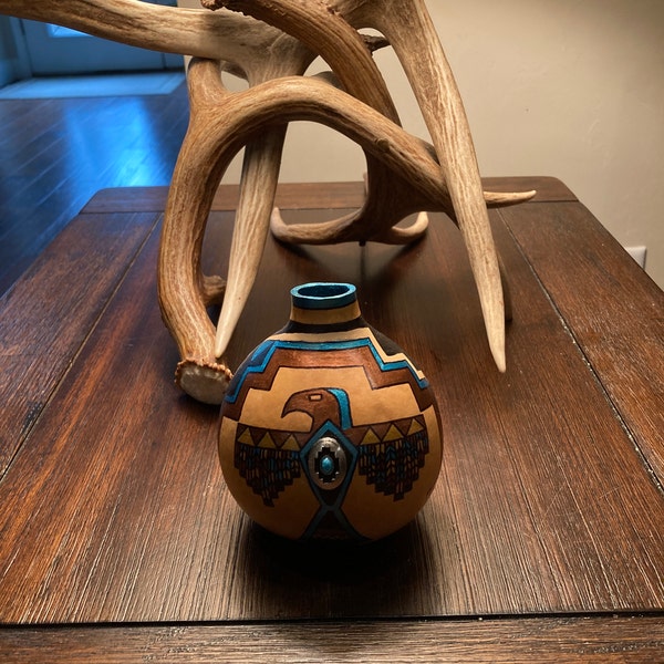 Southwestern Hand Painted Gourd Pot New Mexico Desert Thunderbird Eagle ...