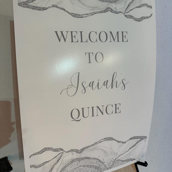 Editable White and Silver Birthday Welcome Sign, Agate, Luxury, Welcome ...