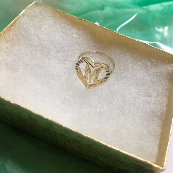 10K Gold Heart Initial Ring, A-Z, Letter Ring, Real Gold Diamond Cut ...