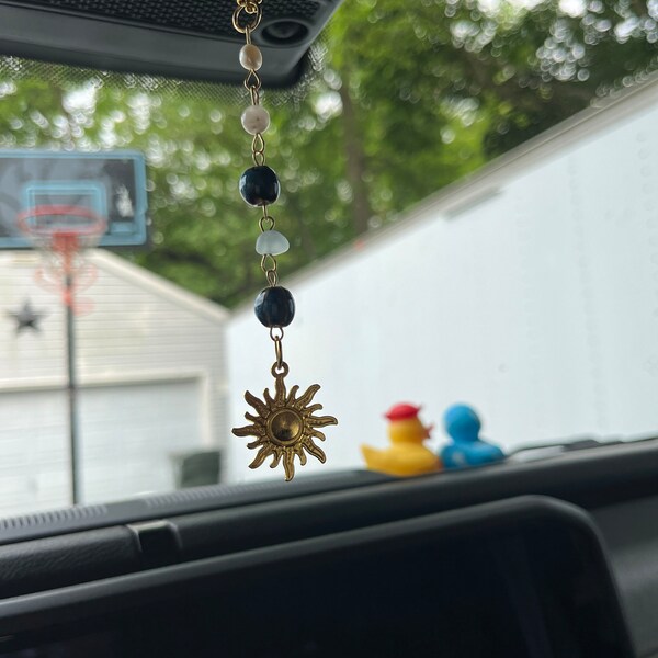 Breezy Sunshine Car Charm Blue and Gold Rearview Mirror Decor Cute Boho ...