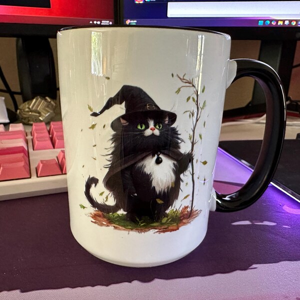 Magical Halloween Cat Mug Black Cat in Witch Hat on Crystal Ball, 11 Oz ...