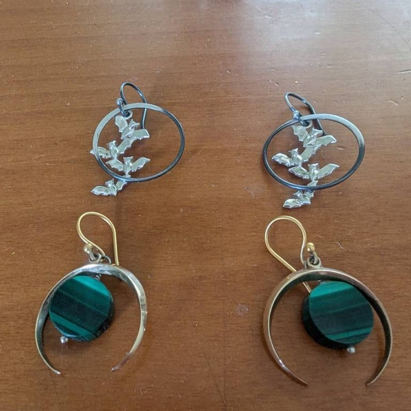 Inverted Crescent Moon Earrings With Circle, Inset Triangle, and Moss ...