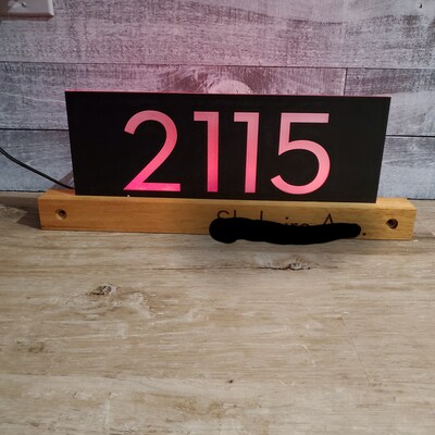 Modern House Numbers LED Light 5V or 12V Iroko Wood & Brush Silver ...