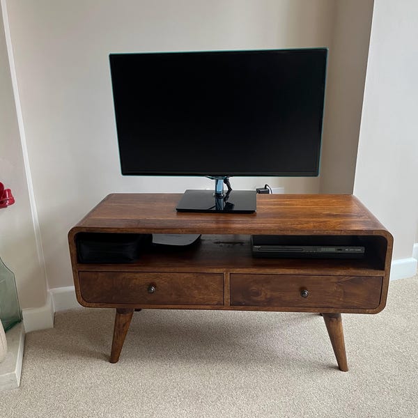 Curved Slat Open Bedside Table in Light Natural Mango Wood Japanese ...