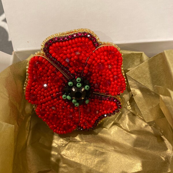 Beaded Poppy Brooch Red Floral Jewelry Embroidered Gift for Her Unique ...