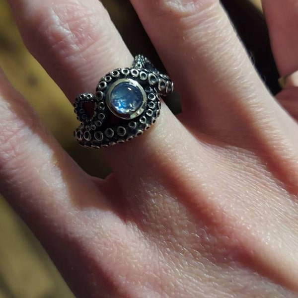 Rainbow Moonstone Octopus Ring | Silver Tentacle Ring | Kraken Jewelry ...