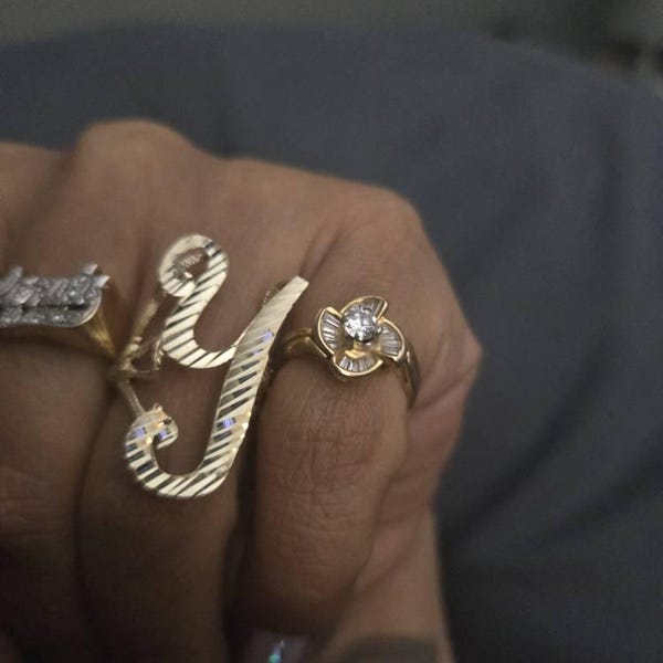 10k Solid Gold Cursive Initial Letter Monogram Ring (large 28.8mm) / Diamond Cut Alphabet ...