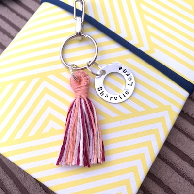 Custom Word Keyring, Personalised Colourful Tassel and Stamped Tag ...