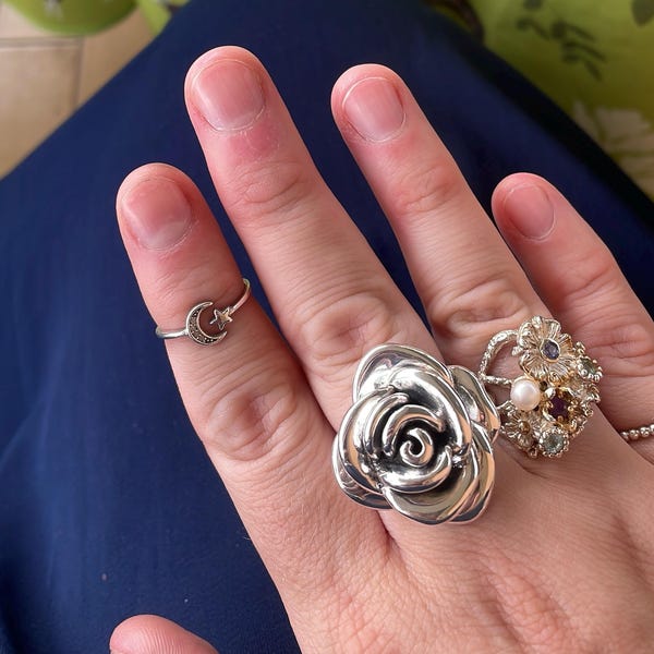 Large Rose Flower Ring STERLING SILVER 925 Massive Rose Floral Exclusive Design Cocktail Jewelry ...