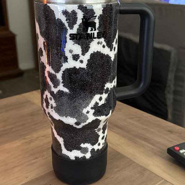 Custom Cow Hide - Authentic Stanley Tumbler - Epoxy Glitter Black Cow ...