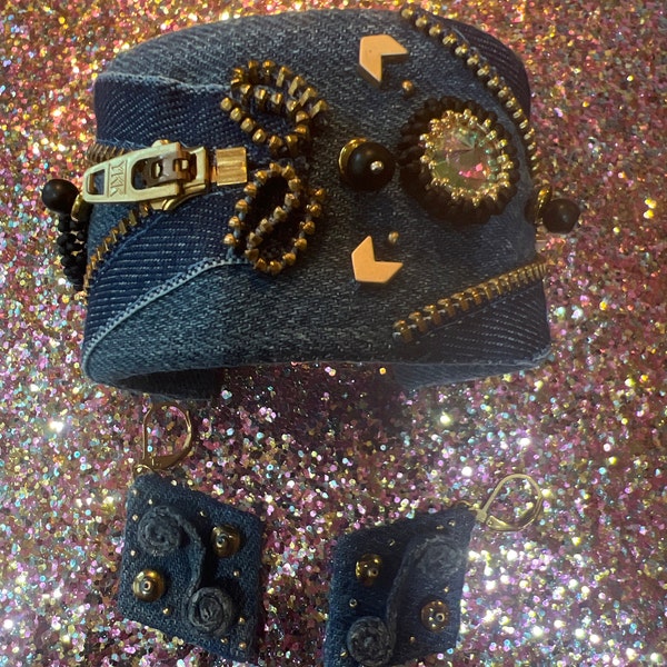 Denim Jewelry Set, Denim Blue Black Bracelet and Earrings, Embroidery ...