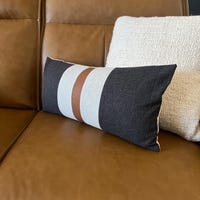 Faux Leather Color Block Lumbar Pillow Cover, Mid Century Boho Decor ...
