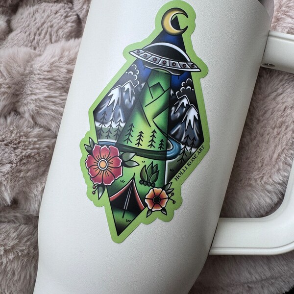 Alien UFO Sticker, Alien Abduction, Camping Sticker, Mountain Laptop ...