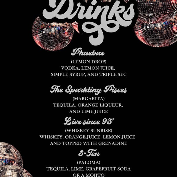 Disco Birthday Drink Menu, 70s Disco Party Menu, 1970s Groovy Disco ...