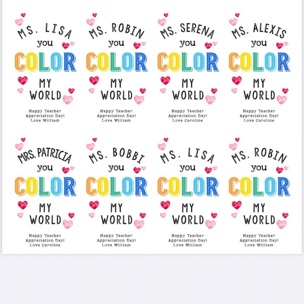 Rainbow Valentine's Day Gift Tag Template, Printable You Color My World ...