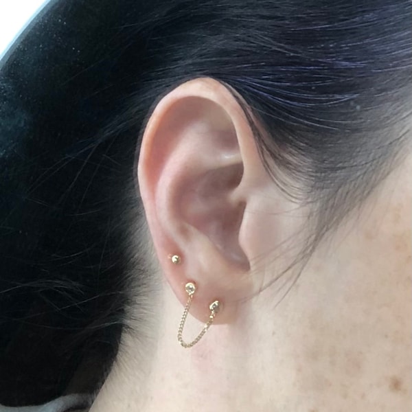 Double Chain Piercing Earring –10K Gold Screwback Stud –two Hole Chain ...