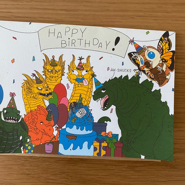 Godzilla Smashing Birthday Party / Handmade Greeting Card/ Classic ...