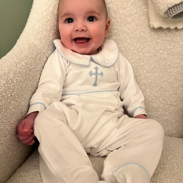 Luke Baptism Outfit-white W Blue Trim-baby Boy Baptism Outfit-baby Boy ...