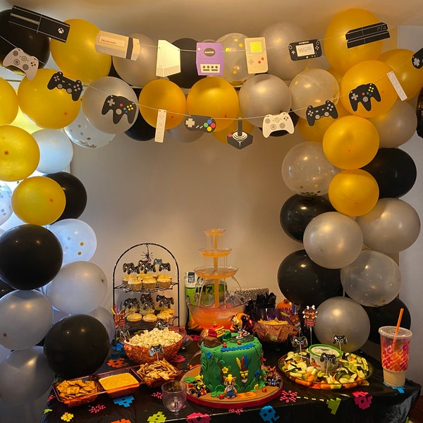 Retro Video Game Birthday Theme Banner, Gamer Party Garland Decor ...