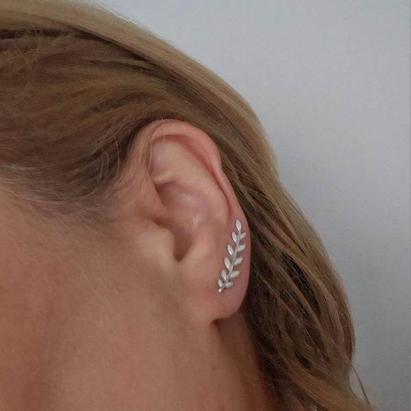 Solid Sterling Silver Leaf Ear Cuffs, Silver Branch Ear Wrap, Leaf Ear Climber, Silver Ear ...